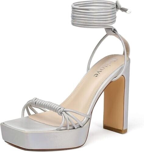 Platform High Chunky Heels Square Toe Heeled Sandals (Silver, Size 8.5M ...