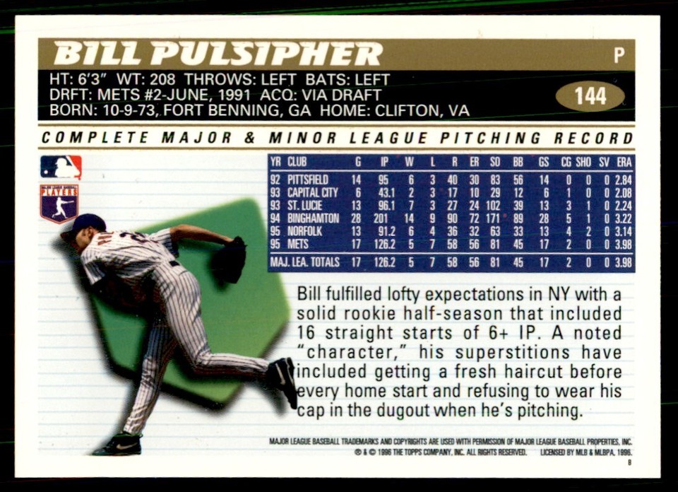 1996 Topps Bill Pulsipher Baseball Cards #144 | eBay