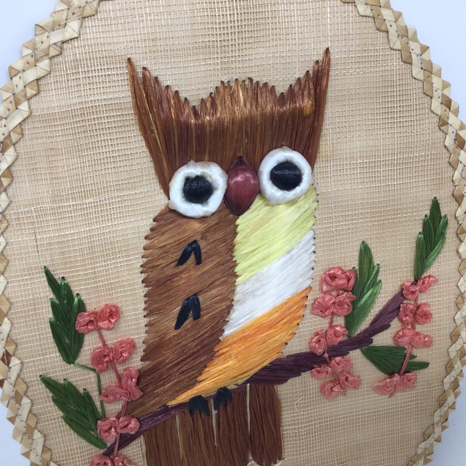Vintage Woven Owl Straw Fiber Rafia Art Oval Wall Hanging Decor 70's ...