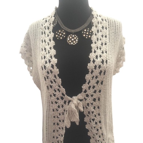 Cache White Silver Metallic Peek A Crochet Knit Vest Top New Stretch ...