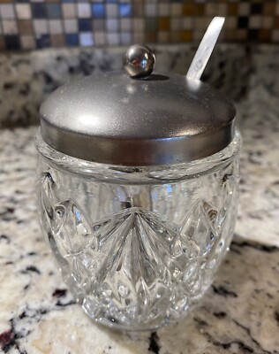 Vtg cut glass 4” jelly/jam jar w/Oneidacraft Stainless Capistrano rose ...