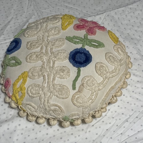 Vintage Round Chenille Pillow Floral Pink Blue Green Yellow White ...
