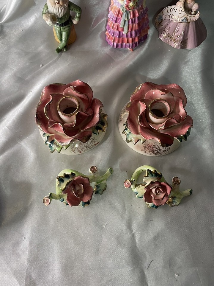 2 Vintage COMMODORE JAPAN PINK ROSE Taper CANDLE HOLDERS Matching ...