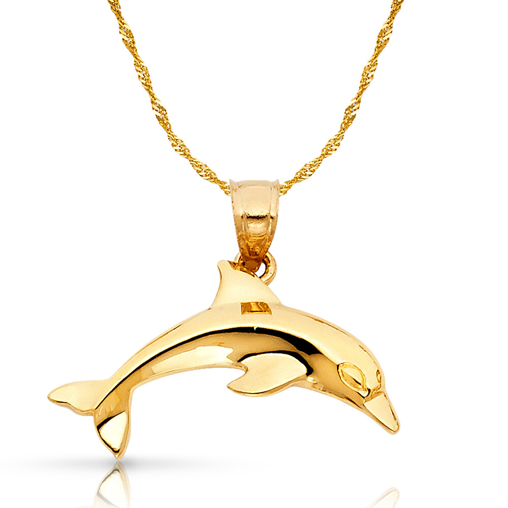 14K Yellow Gold Dolphin Charm Pendant with 1.8mm Singapore Chain ...