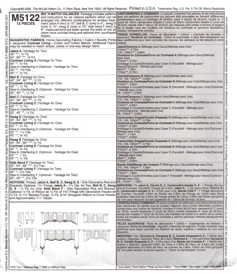 VALANCES Swag Festoon McCall's 5122 UNCUT Sewing Pattern Home Dec ©2006 ...