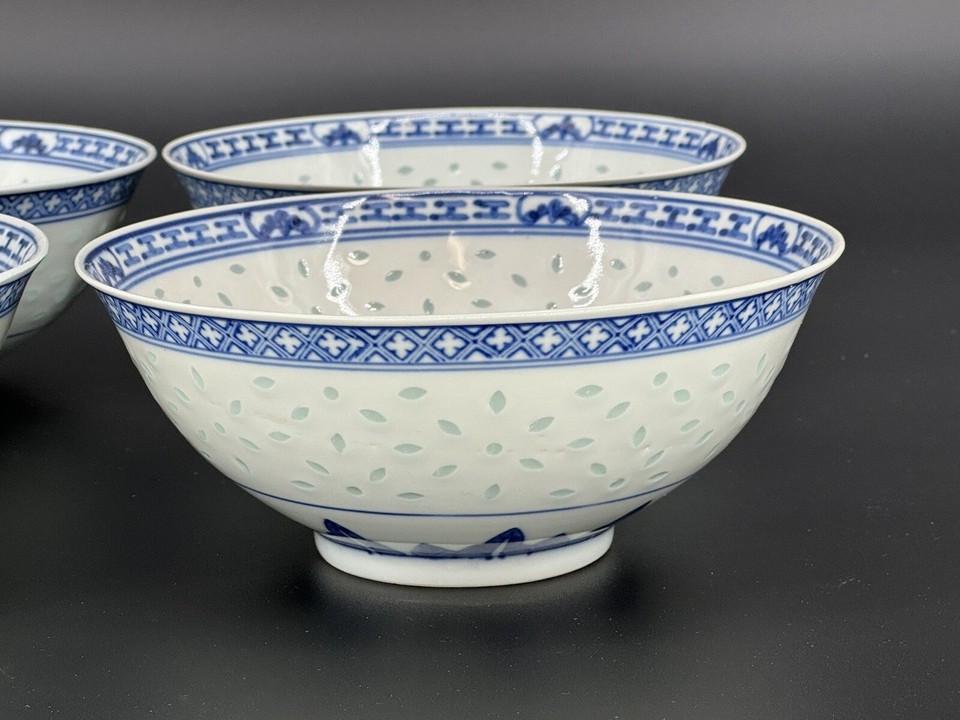 14-Piece Set Chinese Porcelain Blue White Rice Grain Plates Bowls, Wan ...