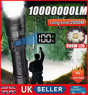 High Power Tactical Torch LED Flashlight 100000LM USB Rechargeable ...