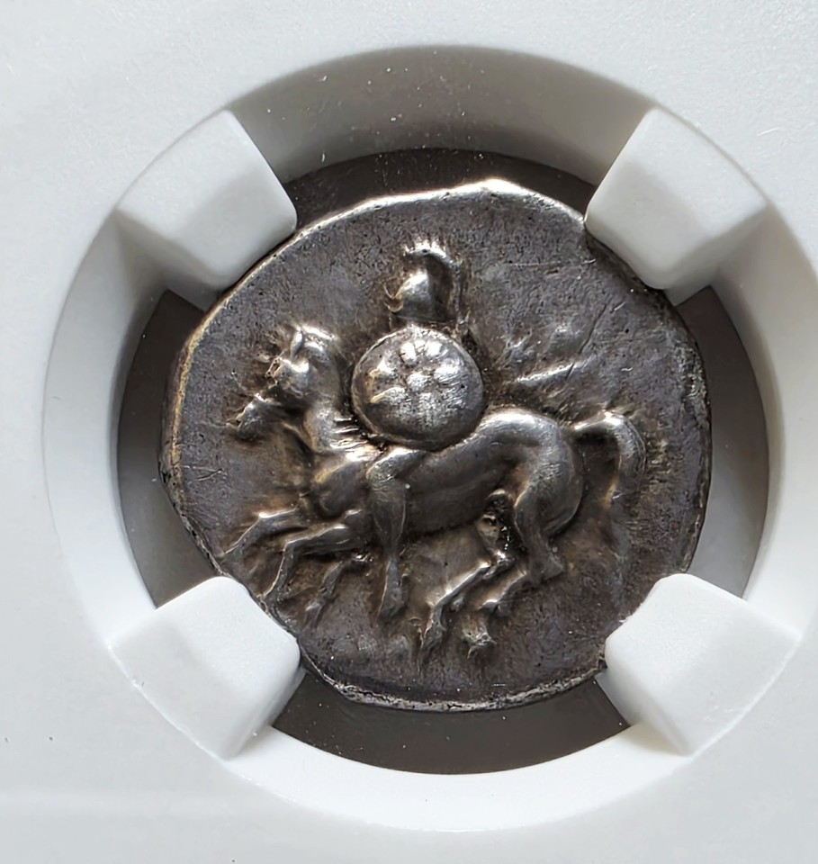 Calabria Taras Horseman w/ Shield Didrachm NGC CH VF Ancient Silver ...