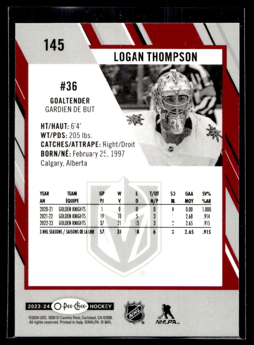 2023-24 O-Pee-Chee Red Border Logan Thompson Vegas Golden Knights #145 ...