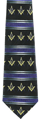 Men's Masonic Necktie Compass & Square Freemason Mason Striped Black ...