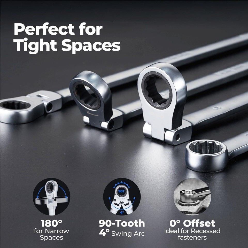 Extra Long Ratcheting Wrench Set, Flex Head & Fixed Offset Head Double ...