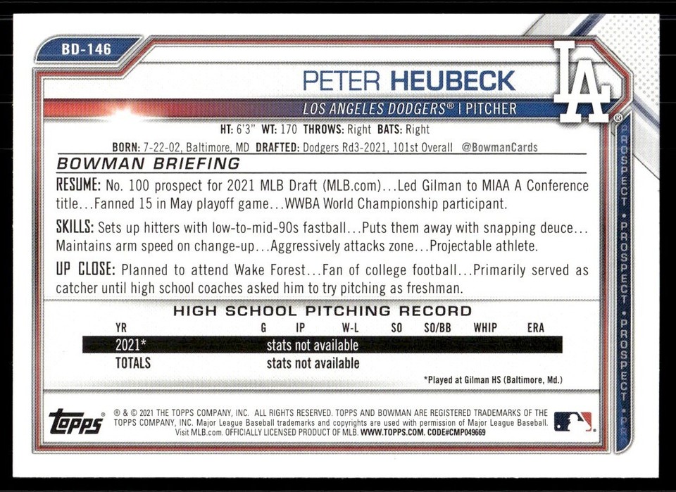 2021 Bowman Draft Peter Heubeck G424 Los Angeles Dodgers #BD-146 | eBay