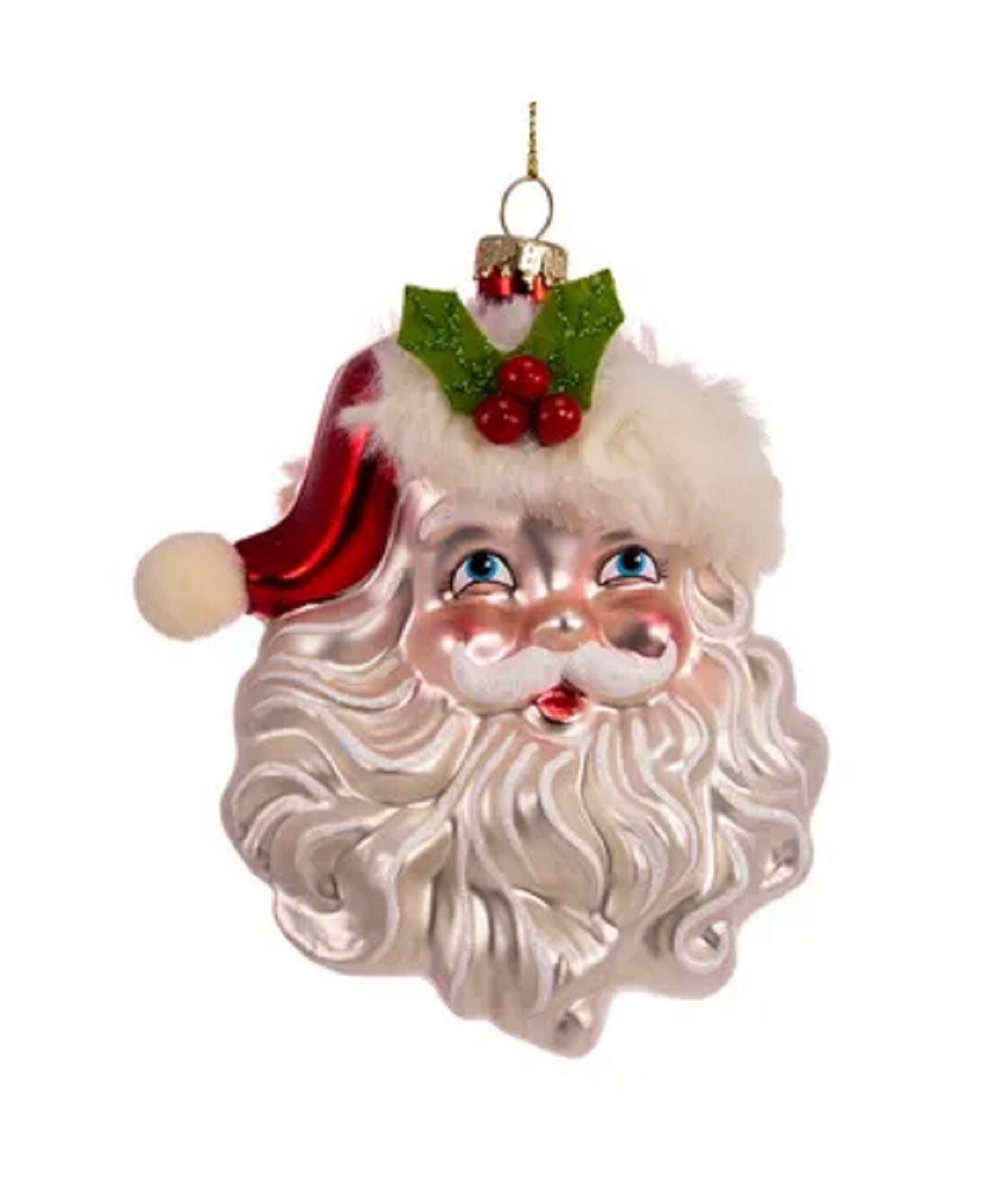 Kurt Adler Christmas Ornament Glass Santa Head Red Santa Hat Holly Leaf ...