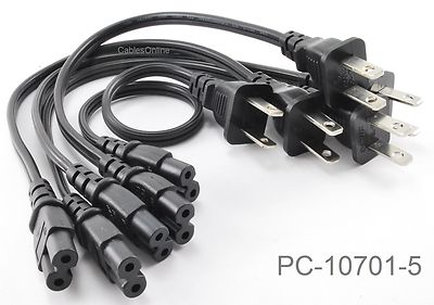 5-Pack 1ft 2-Prong Figure-8 Replacement Non-Polarized Power Cord Cable ...