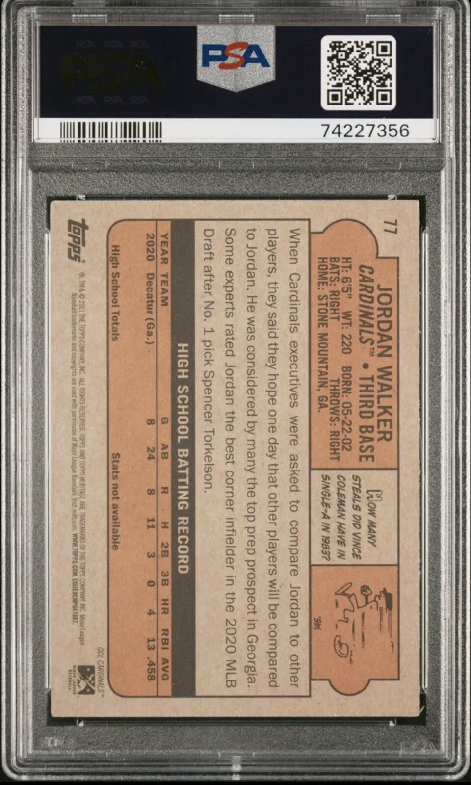 JORDAN WALKER Signed Autograph 2021 Topps Heritage Minor Card #77 RC ...