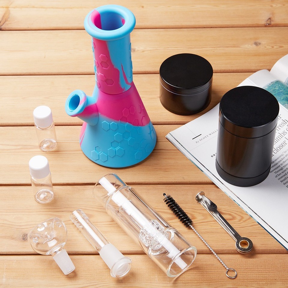 12" Silicone Glass Bong Set Smoking with Box Heavy Beaker Tobacco Water ...