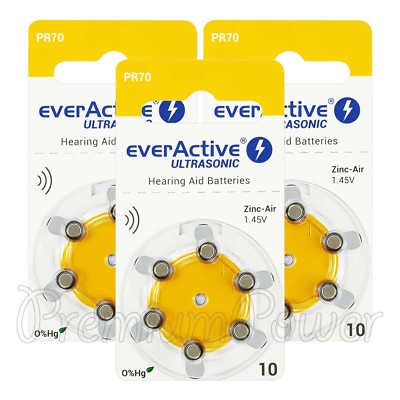 everActive Hearing aid 10 Size batteries Zinc Air PR70 1.45V Mercury ...