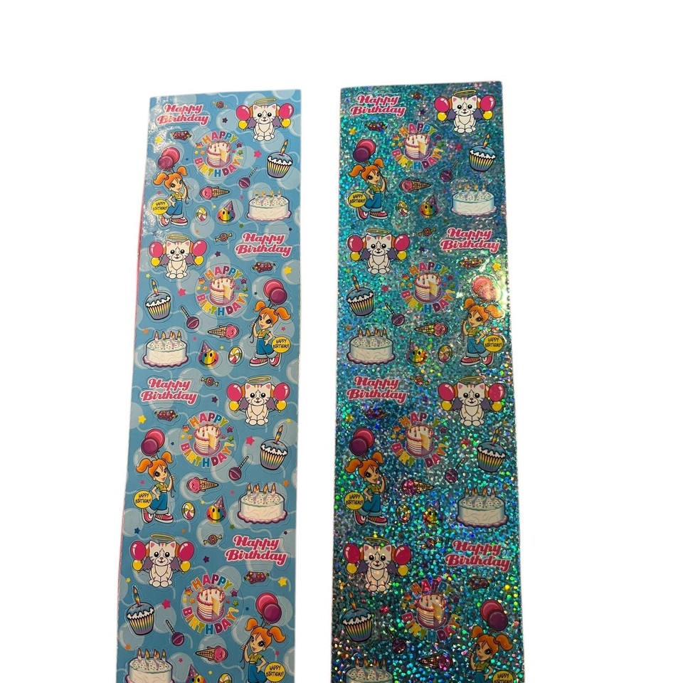 2 VTG LISA FRANK Sticker Strips 12” Happy Birthday Cake Cats One ...