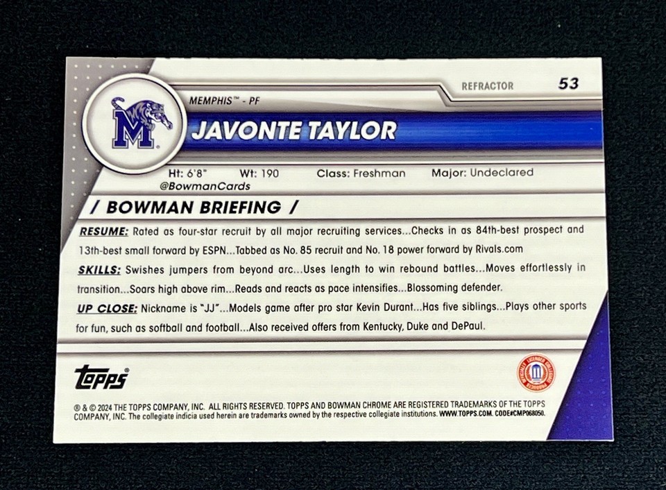 2023-24 Bowman University Chrome Refractor Javonte Taylor #53 1st ...