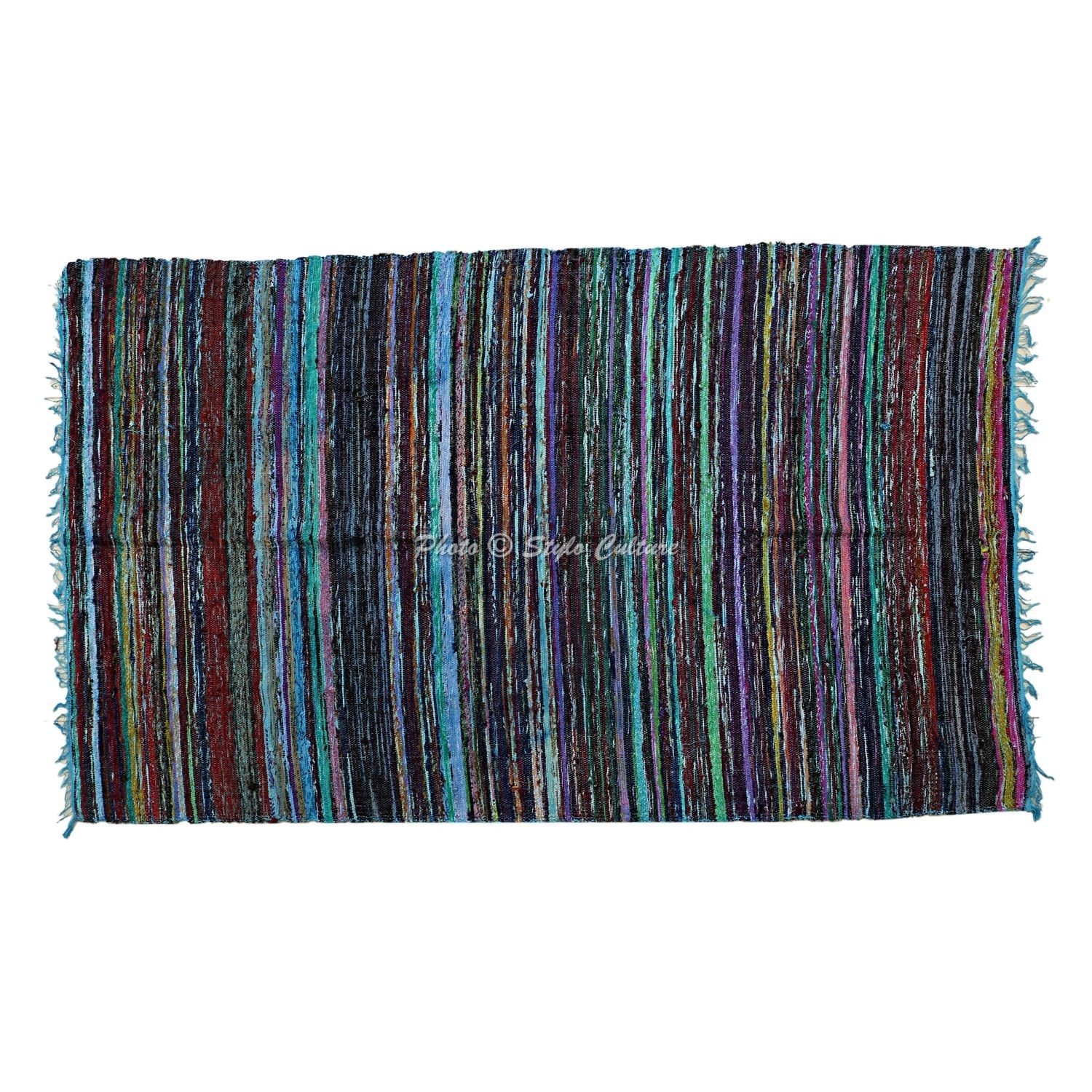Handmade Braided Rectangle Woven Indian Rag Rug Chindi Throw Living ...