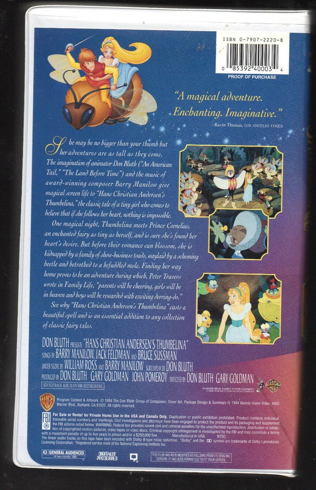 WB Home Video VHS Tape #24000 Hans Christian Andersen's 'THUMBELINA ...