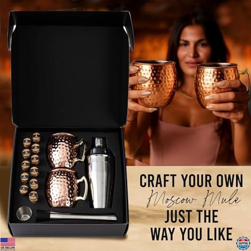 Moscow Mule Cocktail Kit - 2 Copper Mugs, Shaker, Jigger, Botanicals ...