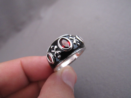 VINTAGE ROSS SIMON STERLING BLACK ENAMEL RED OVAL 3 GARNET RING SIZE 9 ...