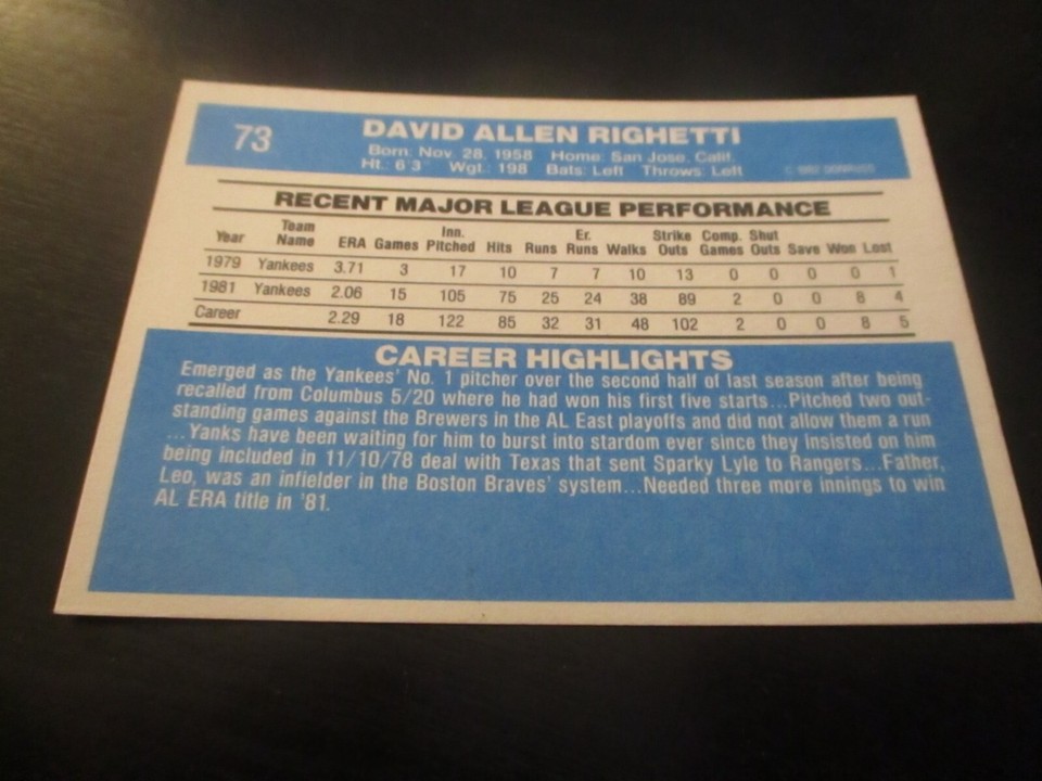 dave righetti (new york yankees - pitcher) 1982 donruss ROOKIE card #73 ...
