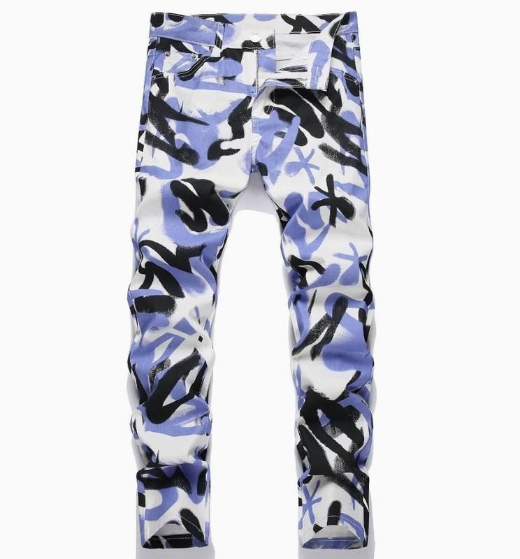 Men's Straight Leg Printed White Blue Casual Denim Cotton Jeans Punk ...