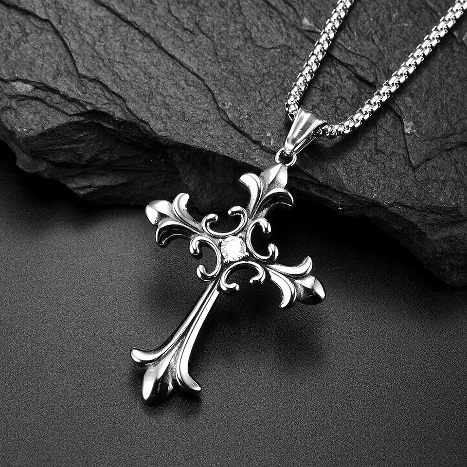 Men Women Silver Cross Pendant Necklace Catholic Christian Jewelry Box ...