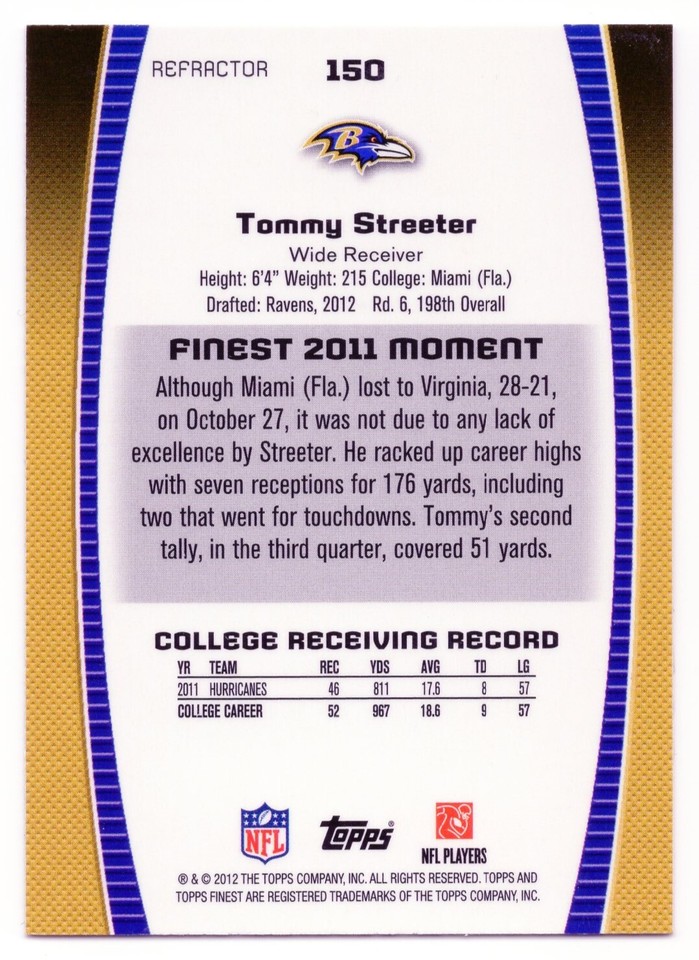 2012 Finest Tommy Streeter #150 Baltimore Ravens | eBay