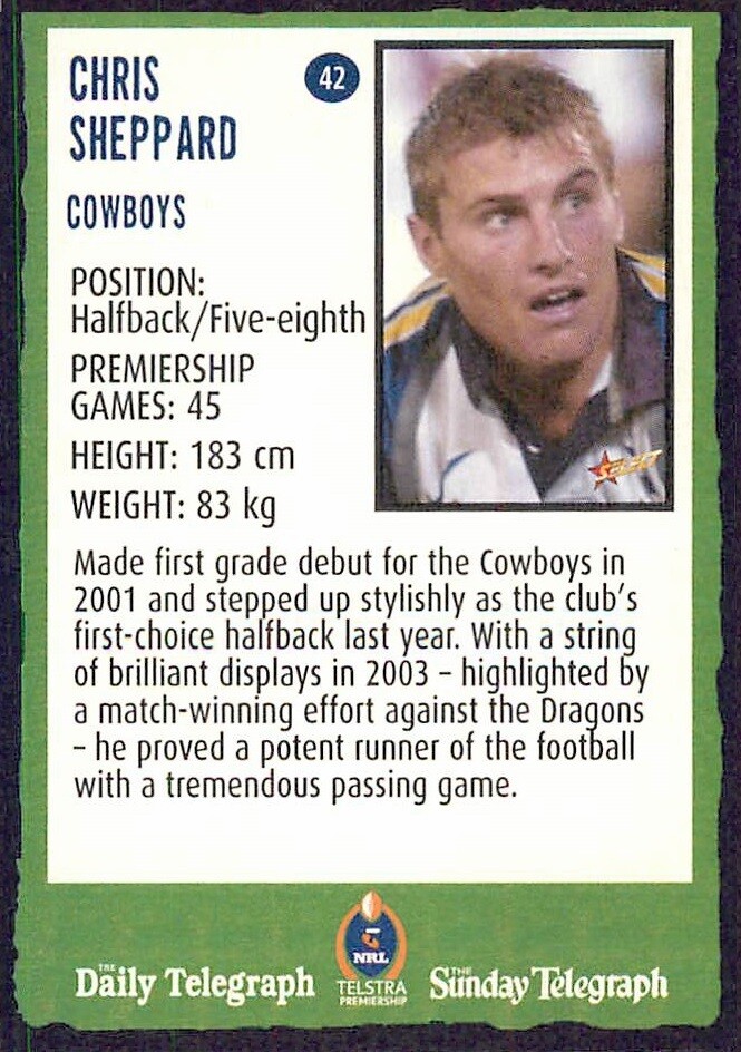 2004 NORTH QUEENSLAND COWBOYS NRL Card CHRIS SHEPPARD Daily Telegraph ...