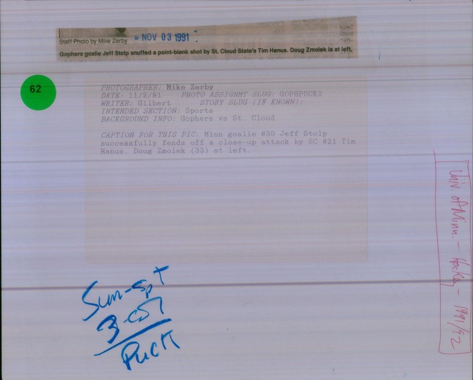 LG784 '91 Original Mike Zerby Photo JEFF STOLP Gophers TIM HANUS St ...