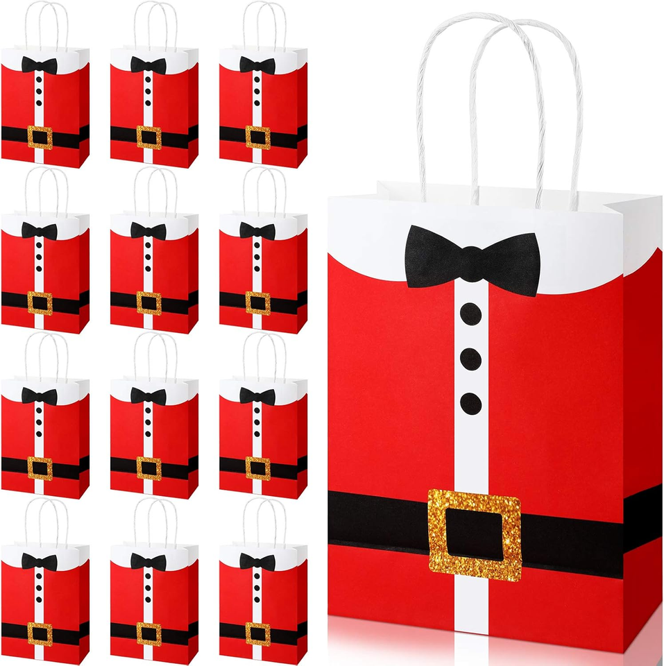 16 Large Santa Clause Suit Print Bags with Handle, Durable Kraft Paper ...