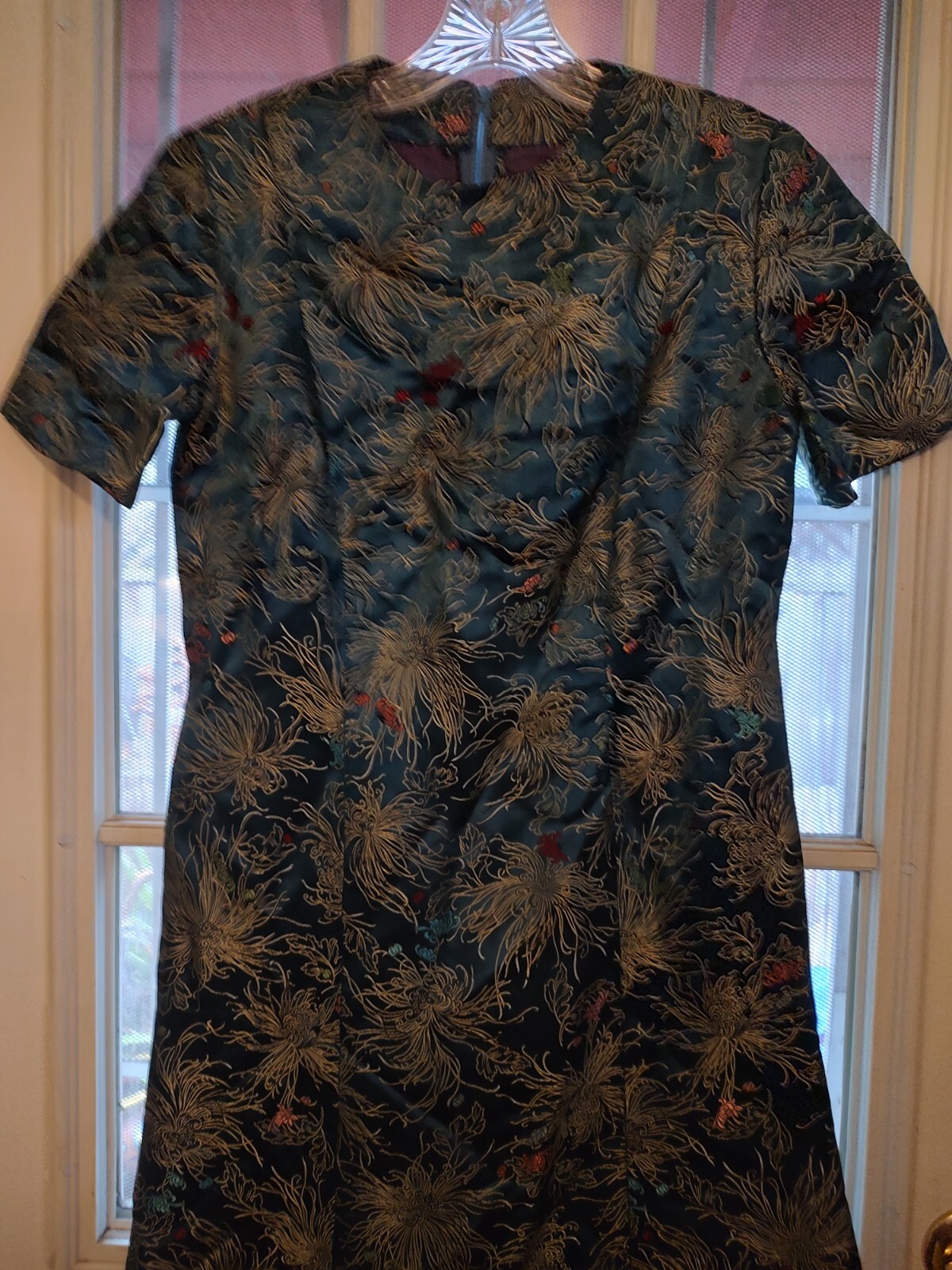Asian brocade vintage Sheath Dress short sleeve Zip … - Gem