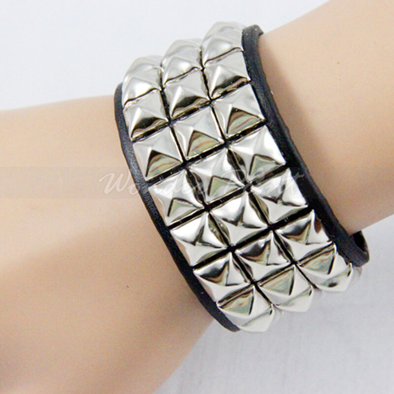 Pyramid Studded 3 Row Punk Bracelet Wrist Cuff Real Cowhide Leather | eBay