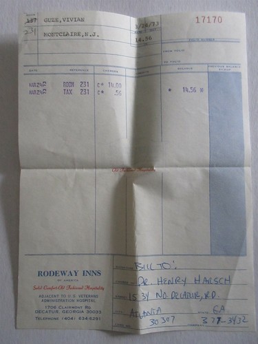 1973 Rodeway Inns Decatur Georgia hotel room receipt US Veterans ...
