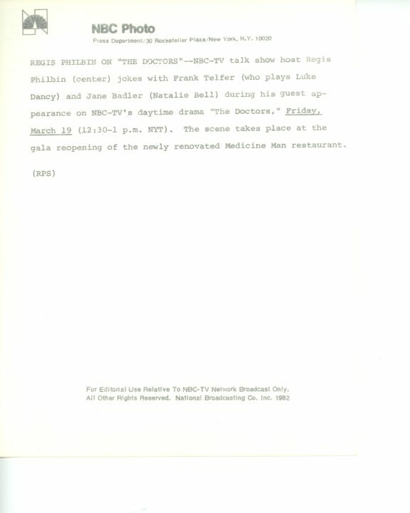 FRANK TELFER REGIS PHILBIN JANE BADLER SOAP THE DOCTORS TV Orig 7X9 ...