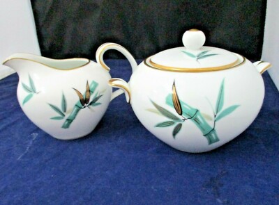 NORITAKE CHINA PATTERN # 5540 TEAL BAMBOO BLACK/GOLD LEAVES SUGAR BOWL ...
