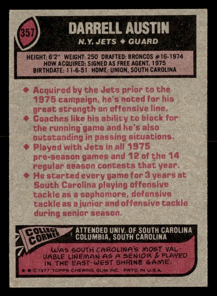 Darrell Austin 1977 Topps Card #357 New York Jets | eBay