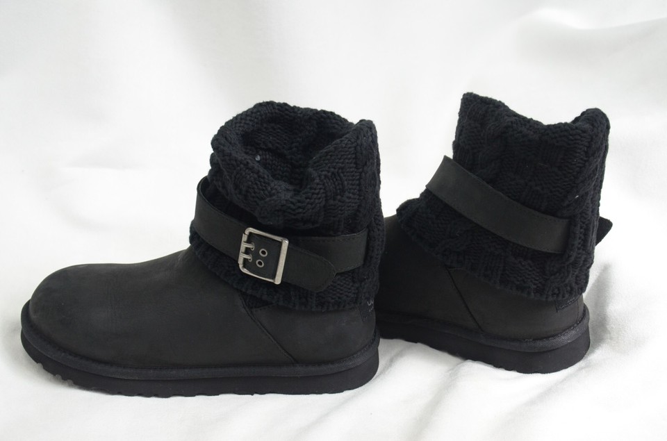 UGG women's black LEATHER Knit CASSIDEE 1007690 w/buckle strap BOOTS sz ...