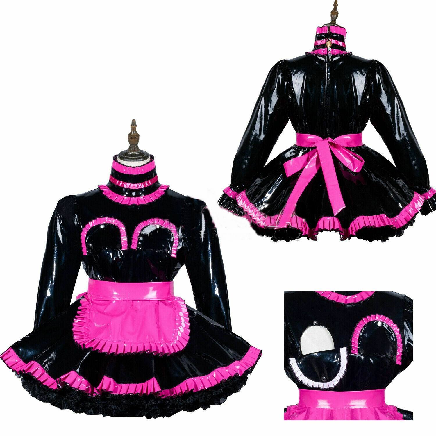 French Maid Sissy sexy Girl lockable Black PVC Dress cosplay costume ...