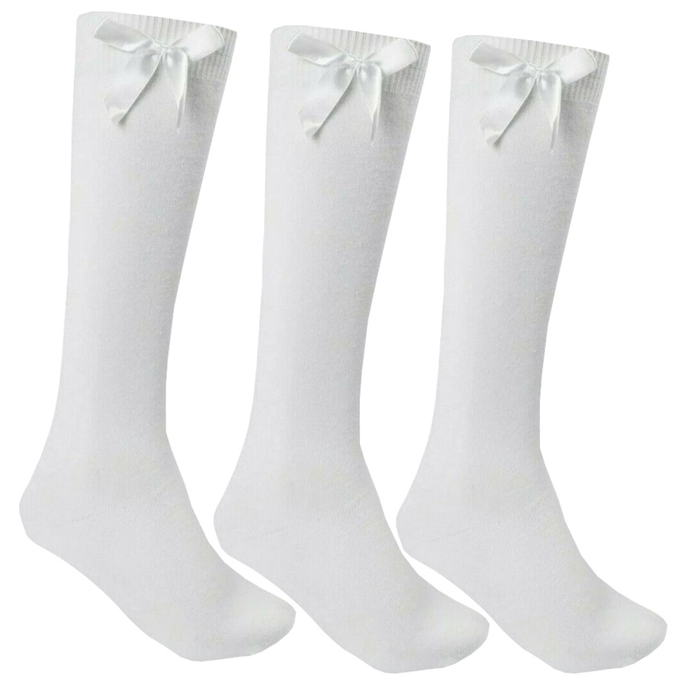 Girls School Socks With Bows Knee High Bow Tights School Uniform Cotton ...