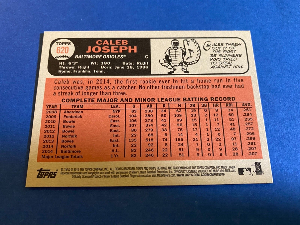 CALEB JOSEPH 2015 TOPPS HERITAGE AUTO SIGNED BLATIMORE ORIOLES DBACKS ...