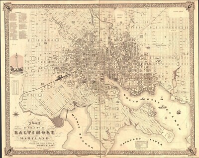18" x 23" 1851 Old Vintage Antique Map of Plan of The City of Baltimore ...