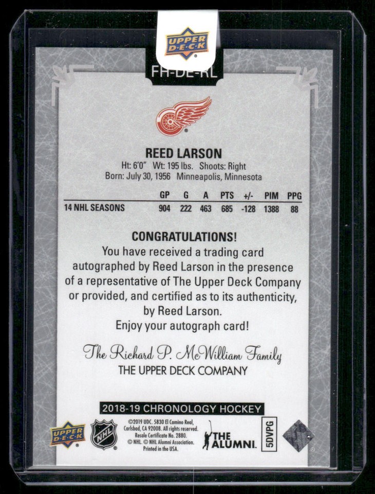 2018-19 Upper Deck Chronology Franchise History Autographs Reed Larson ...
