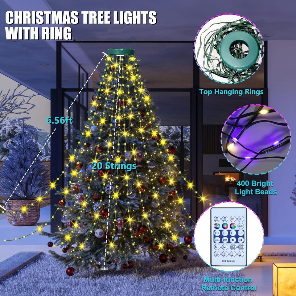 400LED Smart Christmas Tree Waterfall String Lights Waterproof Garden ...