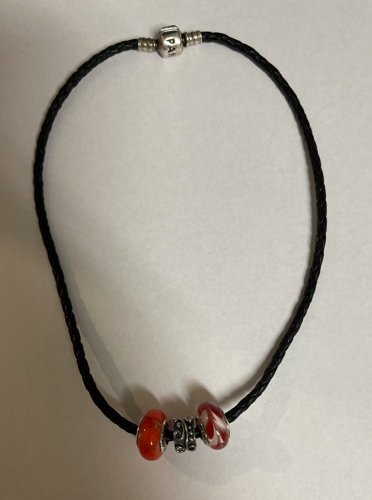 Pandora 925 ALE Black Leather Choker Necklace W/2 Pandora Beads 1 ...