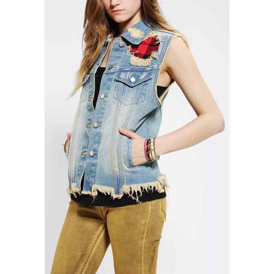 UNIF Distressed Denim Vest With Plaid Patches - NWT - SIZE M | eBay