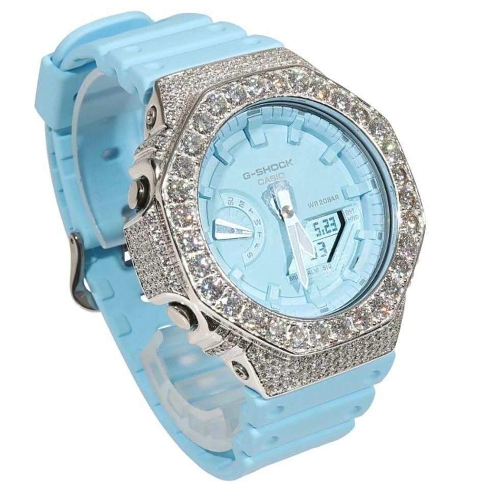G SHOCK Custom GA2100 Moissanite .925 Silver Casioak Sky Blue with GRA ...